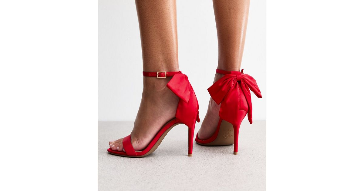 Red Satin Bow Stiletto Heel Sandals | New Look