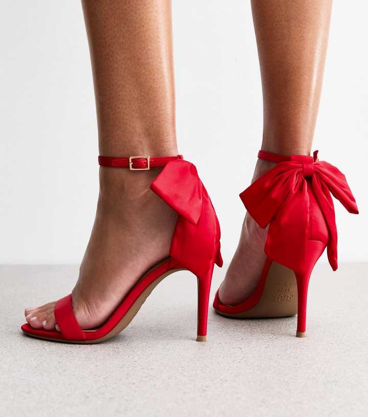 Red Satin Bow Stiletto Heel Sandals | New Look