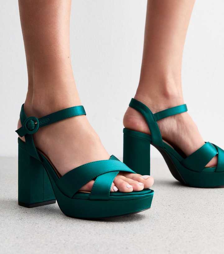 Extra Wide Fit Dark Green Satin Platform Sandals | New Look