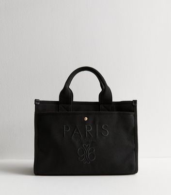 Black Paris Embroidered Canvas Tote New Look