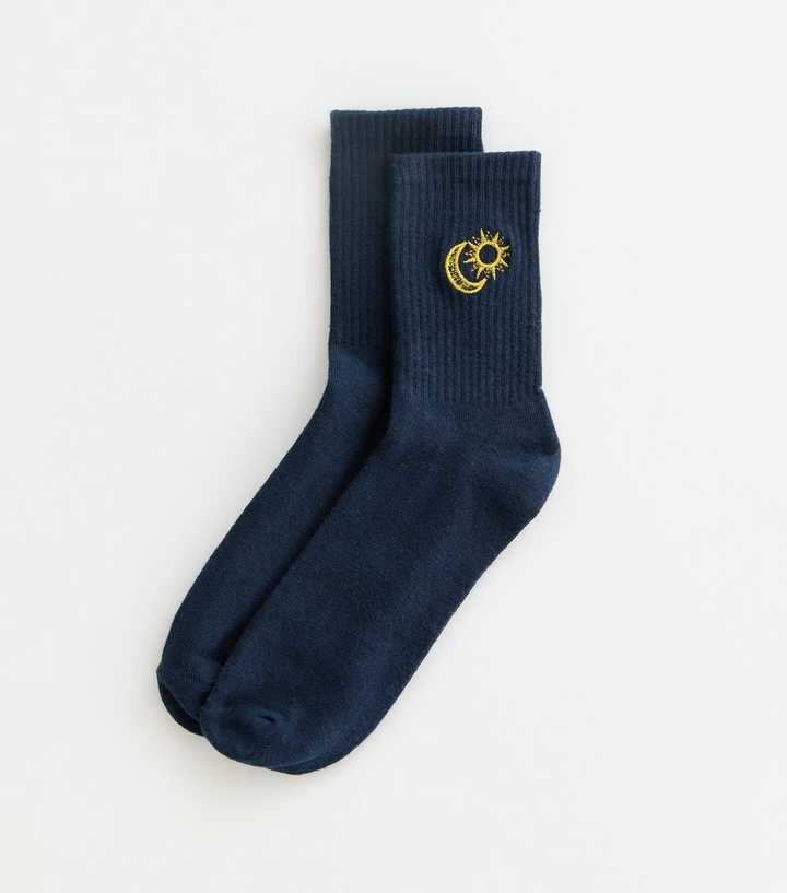 Navy Sun and Moon Embroidered Tube Socks | New Look