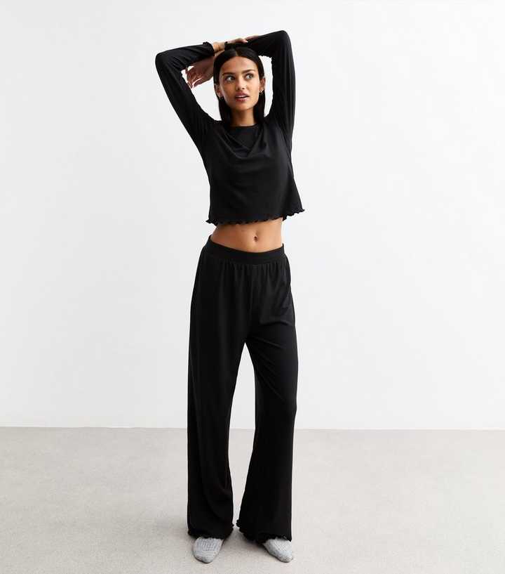 Black Frill Trim Jersey Wide Leg Trousers | New Look
