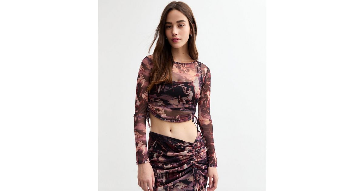 Red Mesh Cherub Ruched Long Sleeve Crop Top | New Look