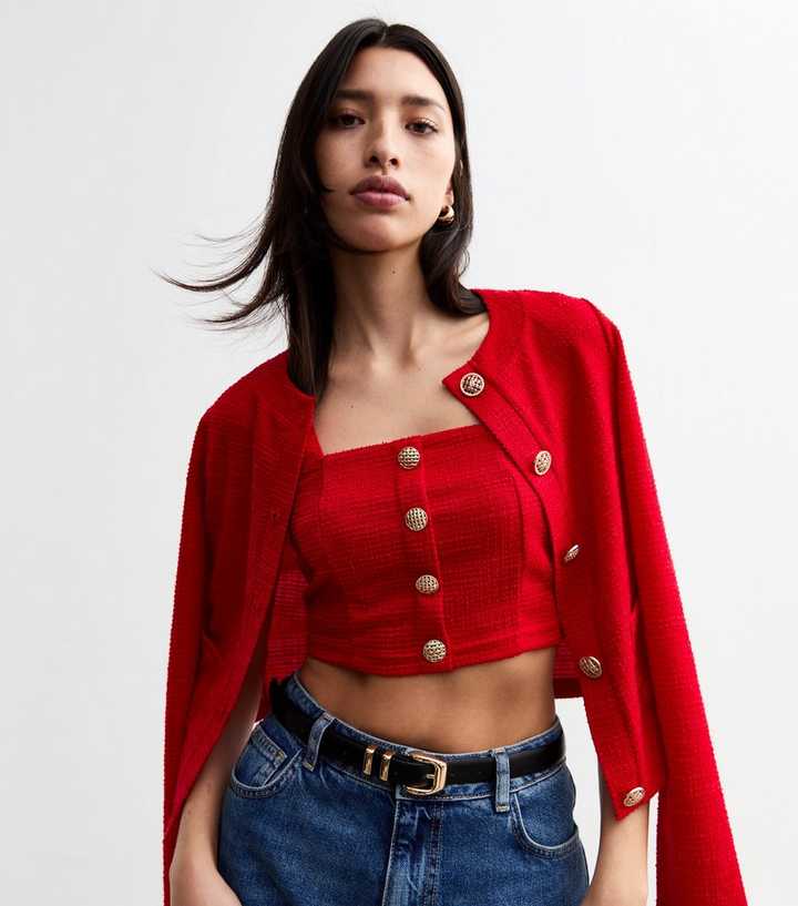 Red Boucle Button Detail Crop Top | New Look