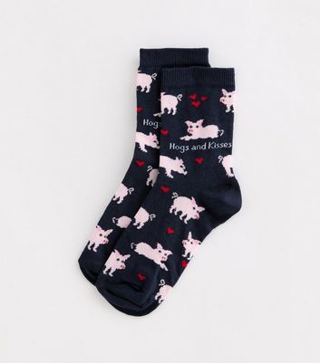 Navy Pig Illustration Socks | New Look