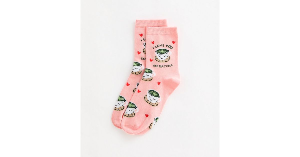 Pink Matcha Tea Illustration Socks | New Look