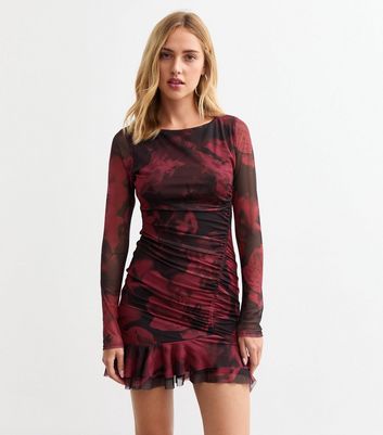 Red Floral Print Ruffled Mesh Mini Dress | New Look