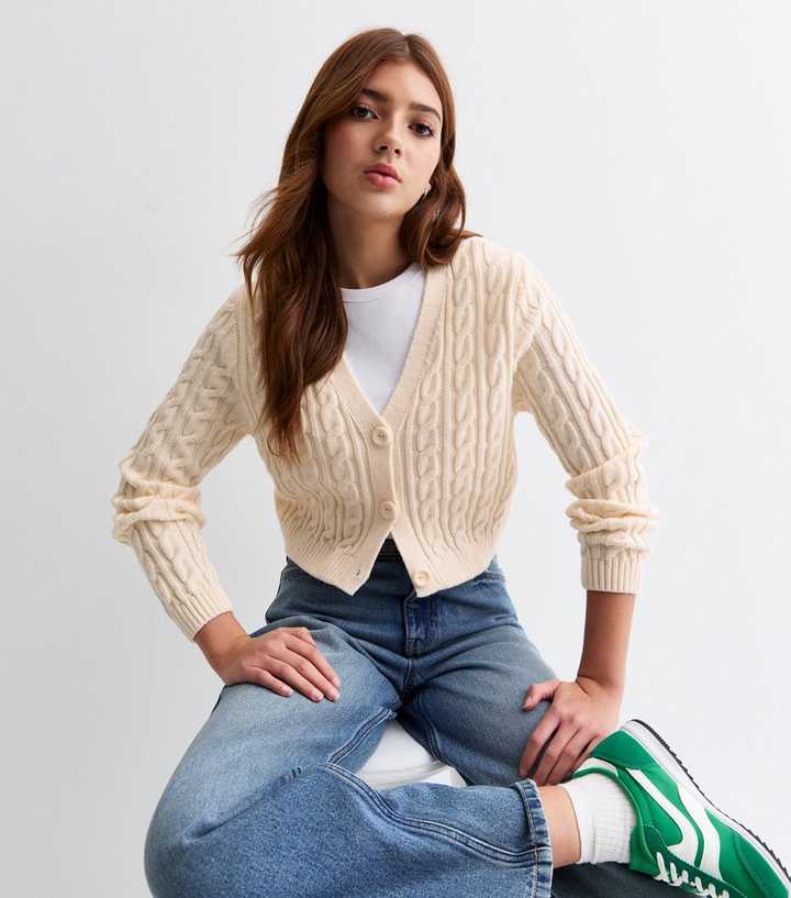 Girls Cream Cable Knit Crop Cardigan | New Look