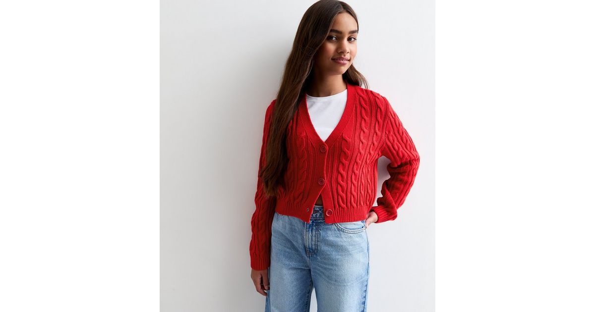 Girls Red Cable Knit Crop Cardigan | New Look