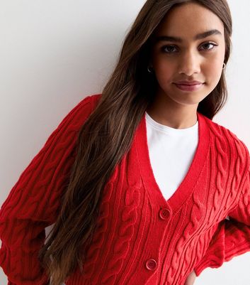 Girls Red Cable Knit Crop Cardigan | New Look