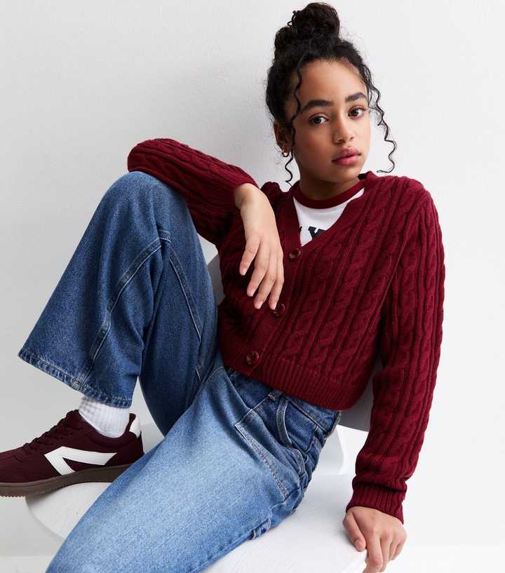 Girls Burgundy Cable Knit Crop Cardigan | New Look