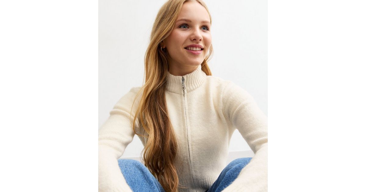 Girls Cream Fluffy Knit Zip Cardigan | New Look