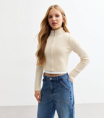 Girls Cream Fluffy Knit Zip Cardigan | New Look