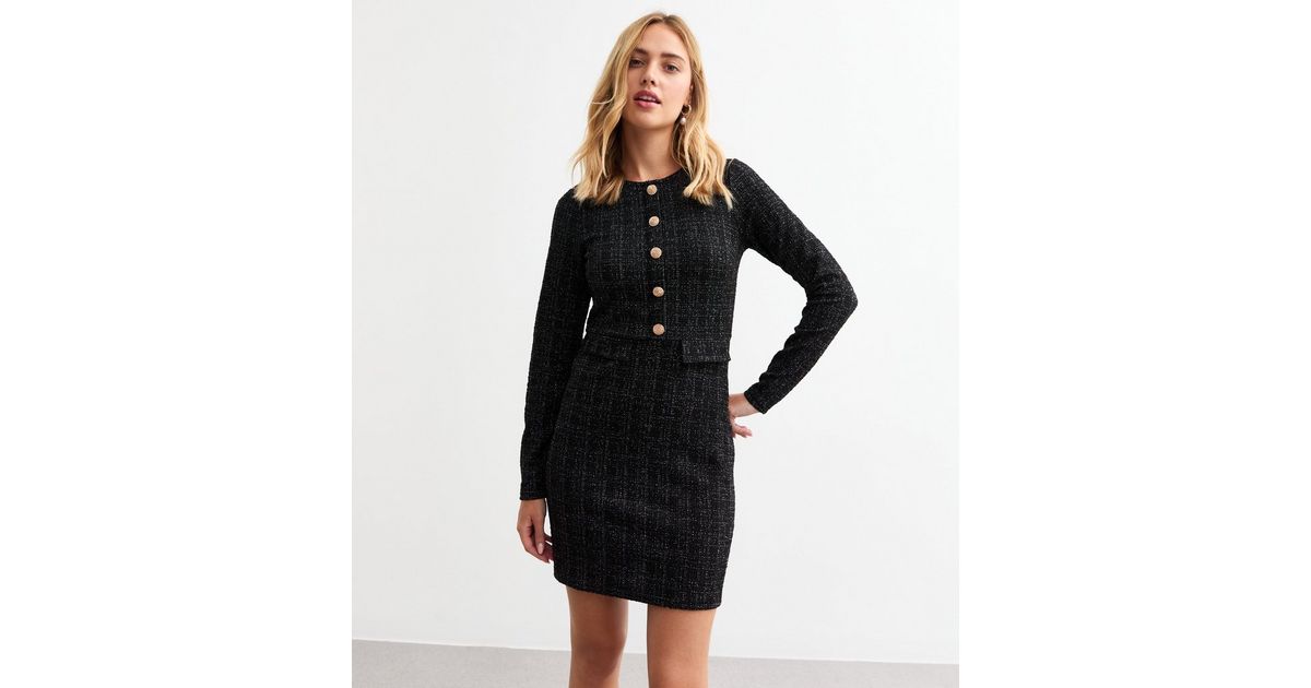 Black Metallic Long Sleeve Bouclé Mini Dress | New Look