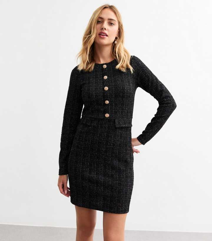 Black Metallic Long Sleeve Bouclé Mini Dress | New Look