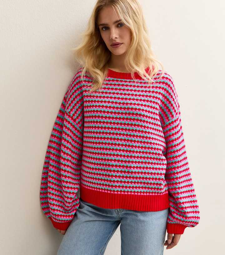 Sunshine Soul Red and Pink Striped Crew Neck Jumper | New Look