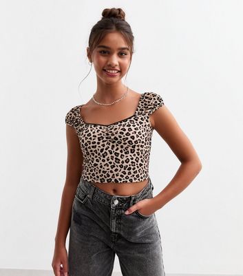 Girls Brown Leopard Print Crinkled Square Neck Top | New Look