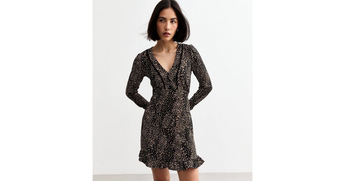 Black Pattern Print Woven Long Sleeve Dress | New Look