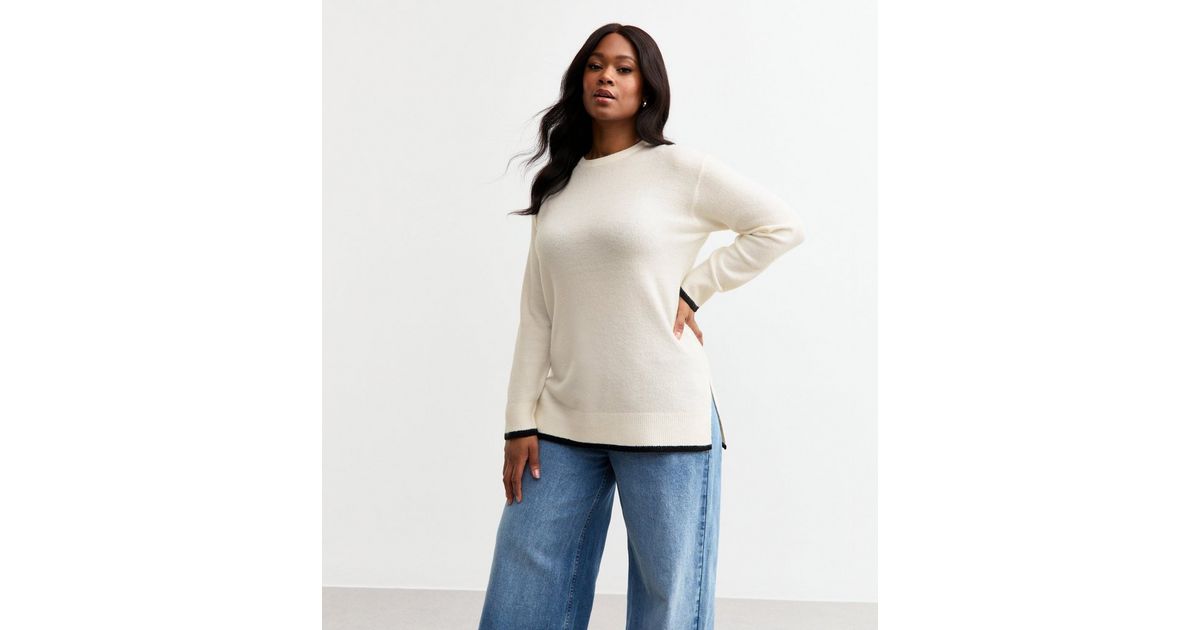 Curves White Contrast Tipping Hem Slit Jumper | New Look