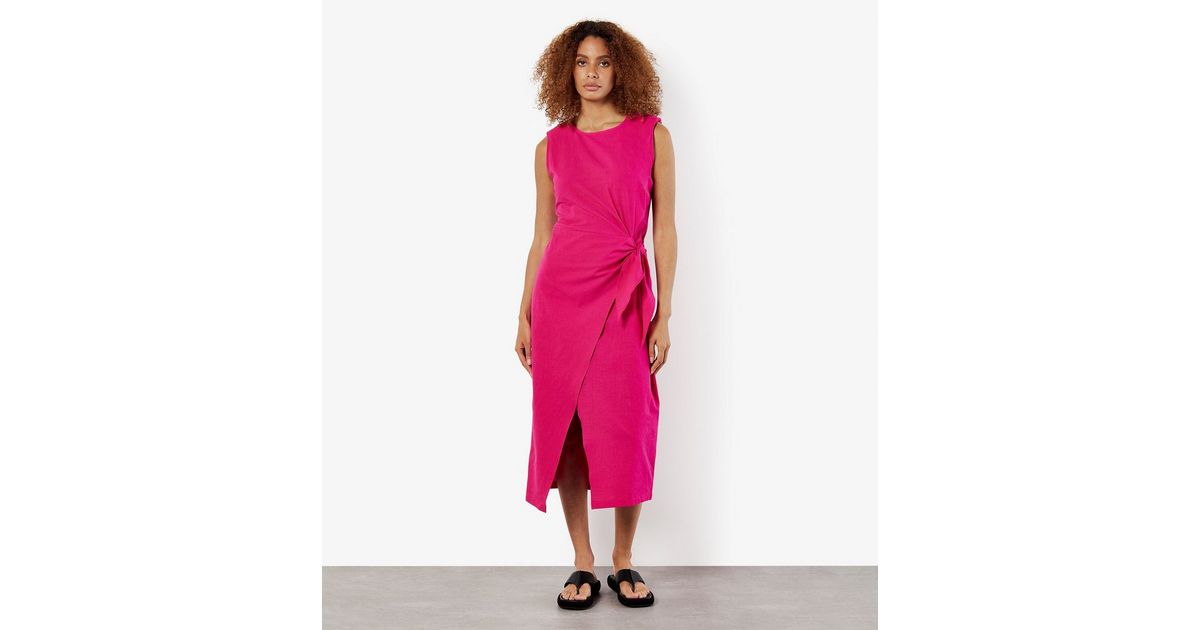 Apricot Bright Pink Cotton Wrap Knot Midi Dress | New Look