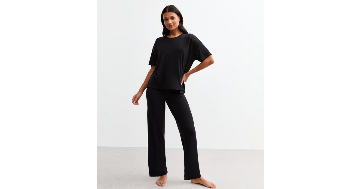 Black Lace Insert Jersey Long Pyjama Set | New Look