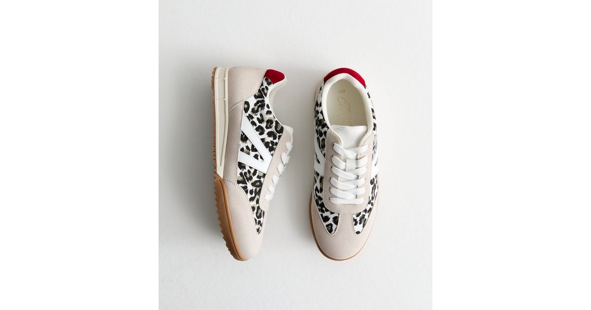 Stone Leopard Print Faux Suede Trainers | New Look