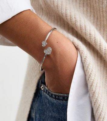 Silver Tone Diamanté Heart Cuff Bracelet | New Look