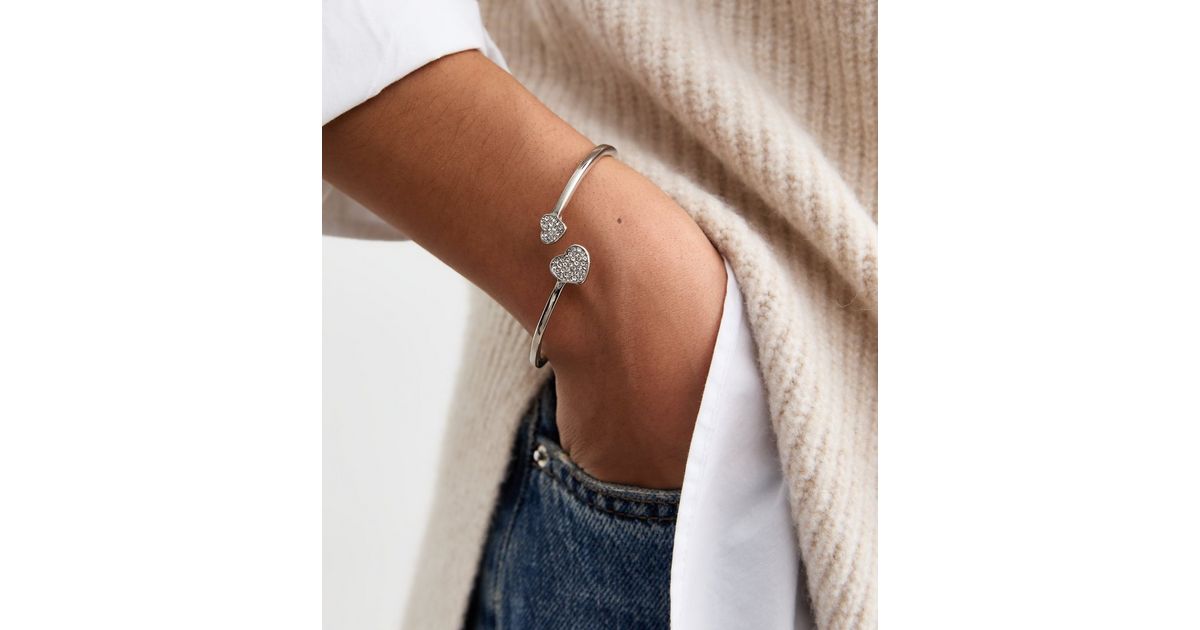 Silver Tone Diamanté Heart Cuff Bracelet | New Look