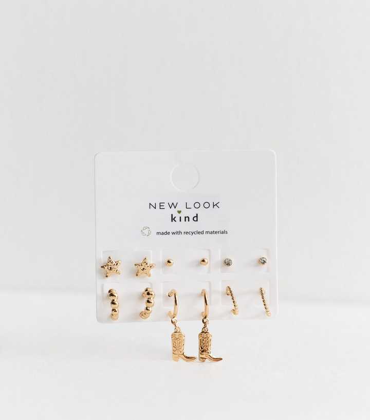Gold Tone Six Pack Cowboy Mix Stud Earrings | New Look