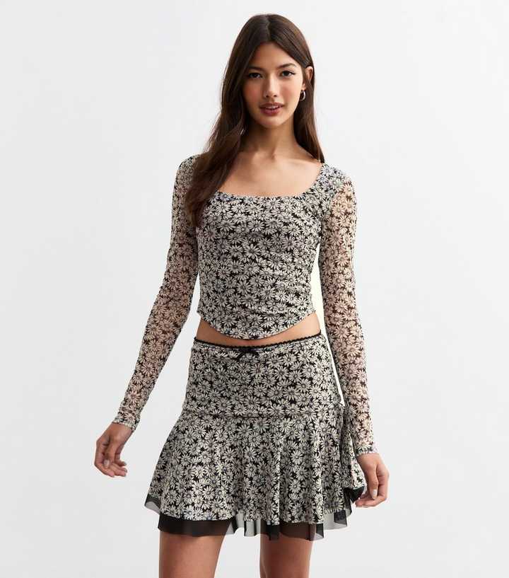 Black Floral Mesh Flippy Mini Skirt | New Look