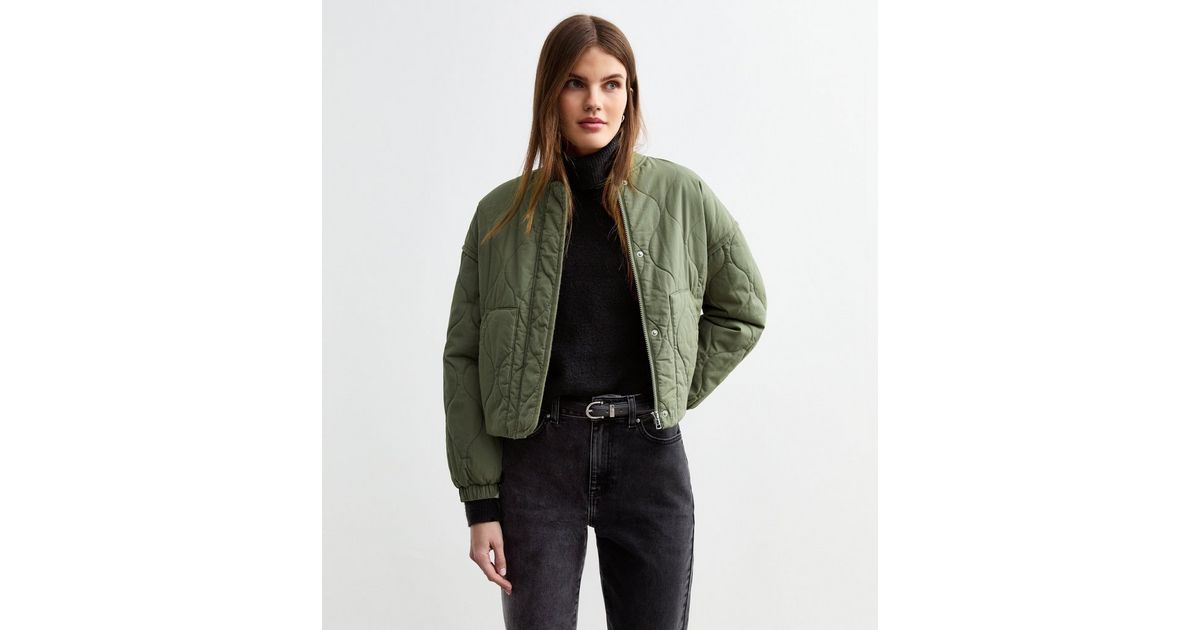 Khaki Stitched Pattern Lightly Padded Bomber Jacket | New Look