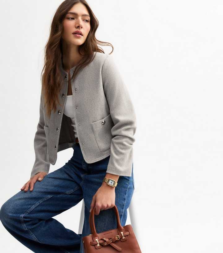 Pale Grey Collarless Soft Jacket | New Look