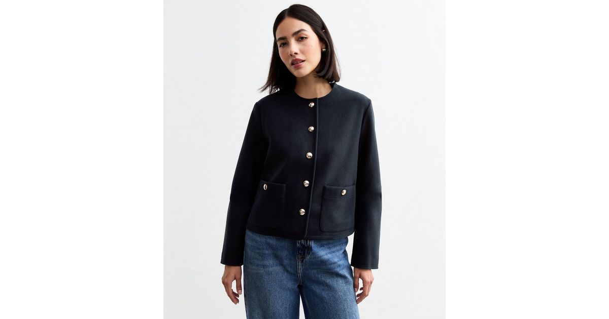 Navy Collarless Soft Jacket | New Look