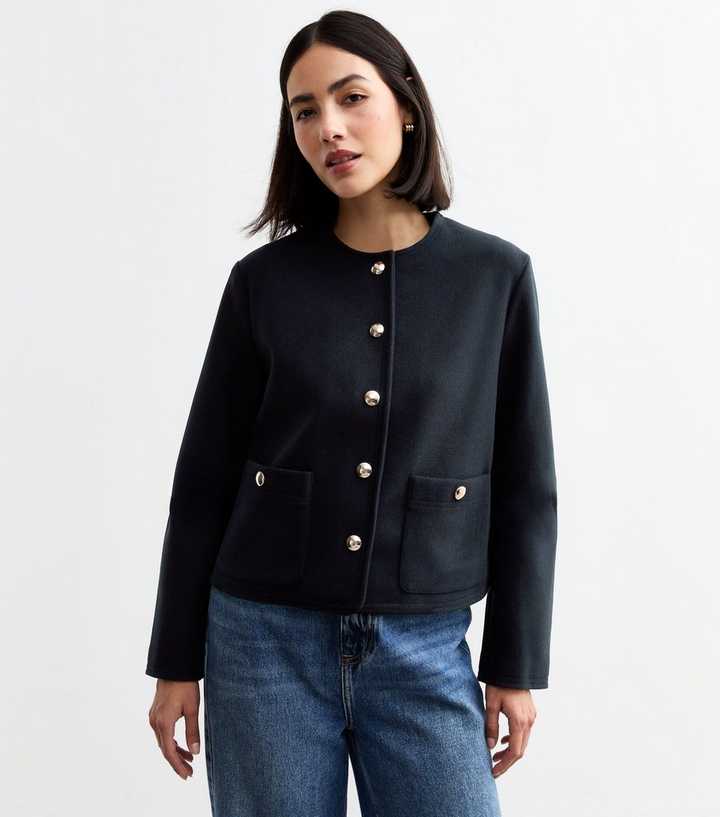 Navy Collarless Soft Jacket | New Look