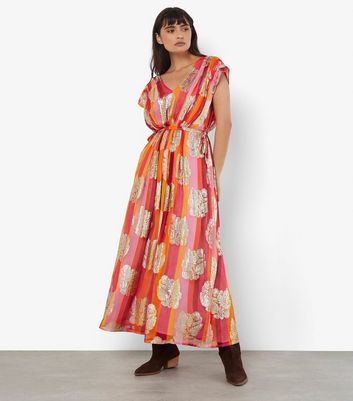 Apricot Pink Metallic Leaf Print Midi Dress | New Look