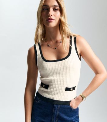 White Contrast Trim Waffle Knit Vest | New Look