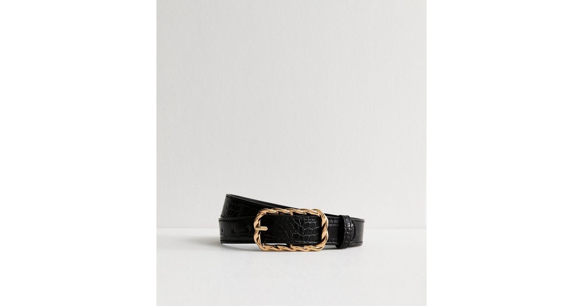 Black Crocodile Effect Faux Leather Belt | New Look