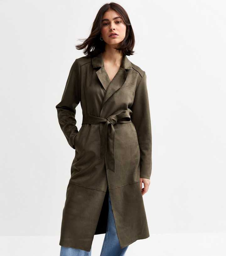 Khaki Unlined Belted Faux Suede Jacket | New Look