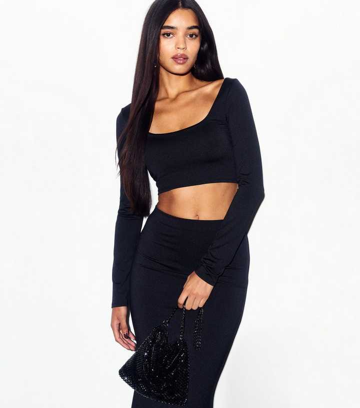 Black Scoop Long Sleeve Crop Top | New Look
