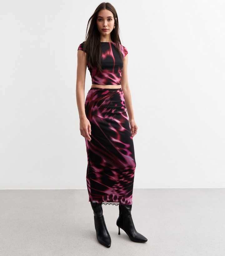 Pink Abstract Print Mesh Crop Top | New Look
