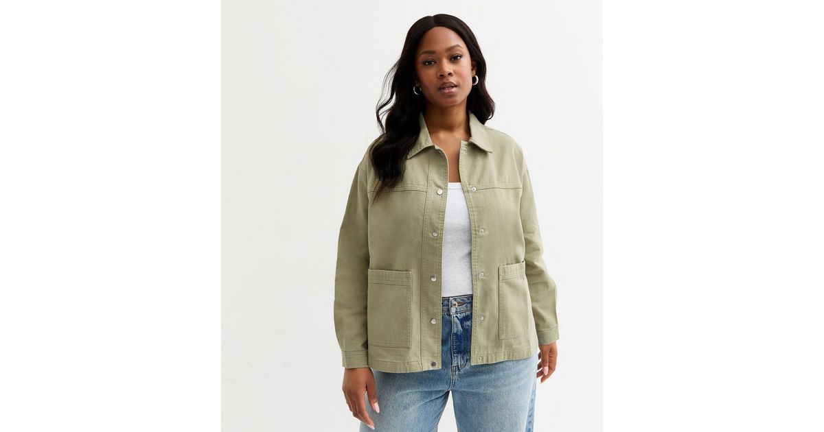 Curves Olive Cotton Button Up Shacket | New Look