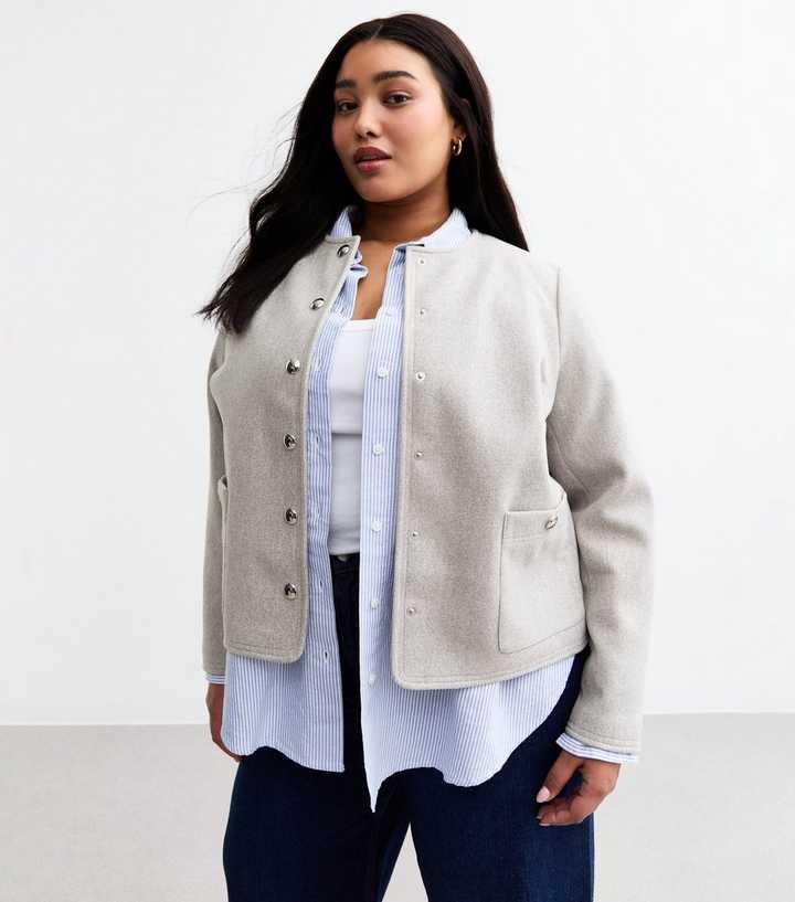 Curves Grey Collarless Soft Jacket | New Look