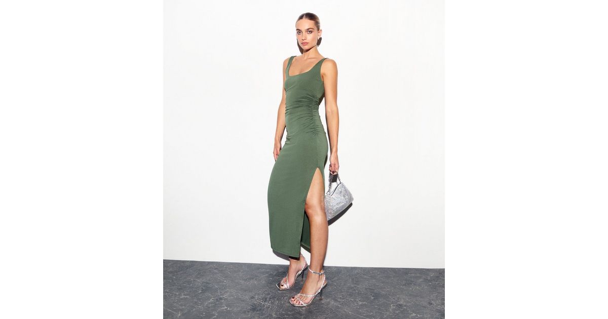 Khaki Square Neck Ruched Midi Dress | New Look
