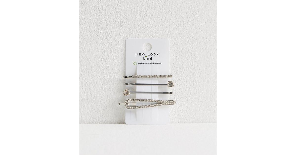 Pack Of 4 Silver Tone Diamanté Hair Slides | New Look