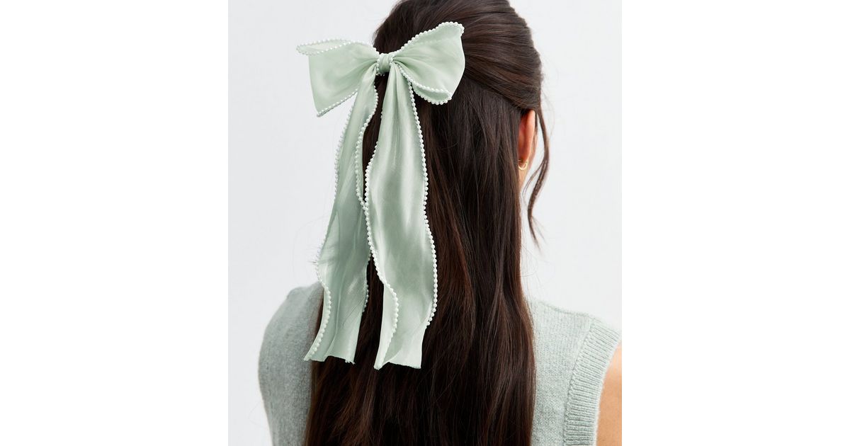 Green Organza Faux Pearl Trim Bow Hair Slide | New Look