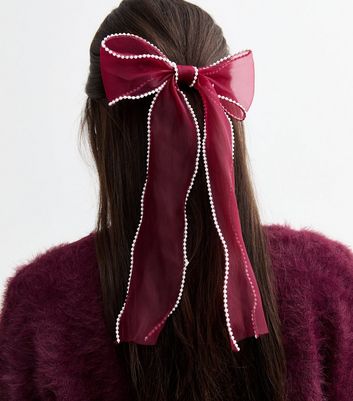 Burgundy Organza Faux Pearl Trim Bow Hair Slide | New Look