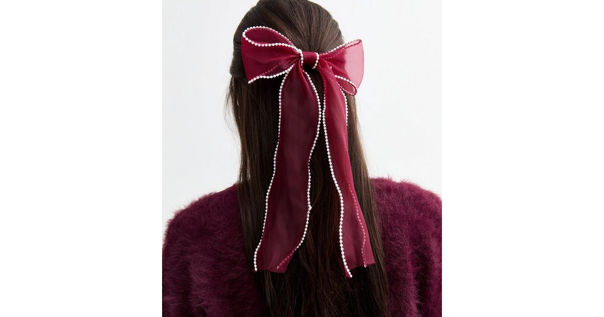 Burgundy Organza Faux Pearl Trim Bow Hair Slide | New Look