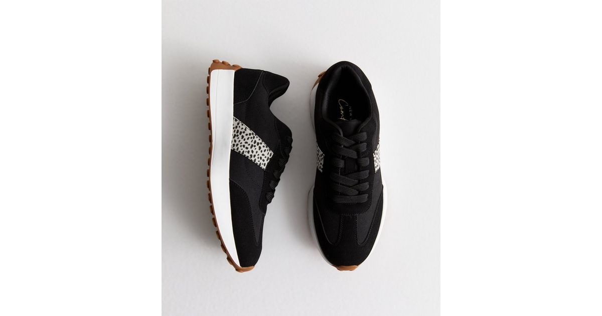 Black Leopard Print Panel Suedette Trainers | New Look