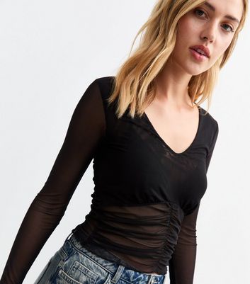 Black Ruched V-Neckline Mesh Top | New Look