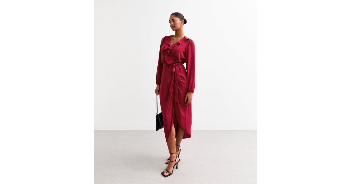 Red Ruffle Trim Belted Midi Dress | New Look